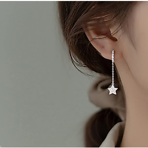 SLUYNZ 925 Sterling Silver CZ Star Dangle Hoop Earrings for Women Asymmetric Star Earrings Chain (A-Silver)