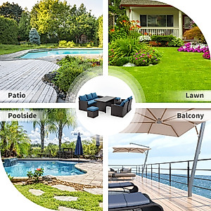 HOMREST 6 Pieces Patio Furniture Sets Clearance, Patio Dining Sofa Set Outdoor Sectional Sofa Conversation Set All Weather Wicker Rattan Couch Dining Table & Chair (Blue)