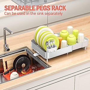 TOOLF Dish Rack, Extendable Dish Drainer, Modern Dish Drying Rack 2 in 1 Design. Expandable Drain Board in Sink, Stainless Steel Dish Racks for Kitchen Counter Utensils,Plates,Pans,Pots Organizer