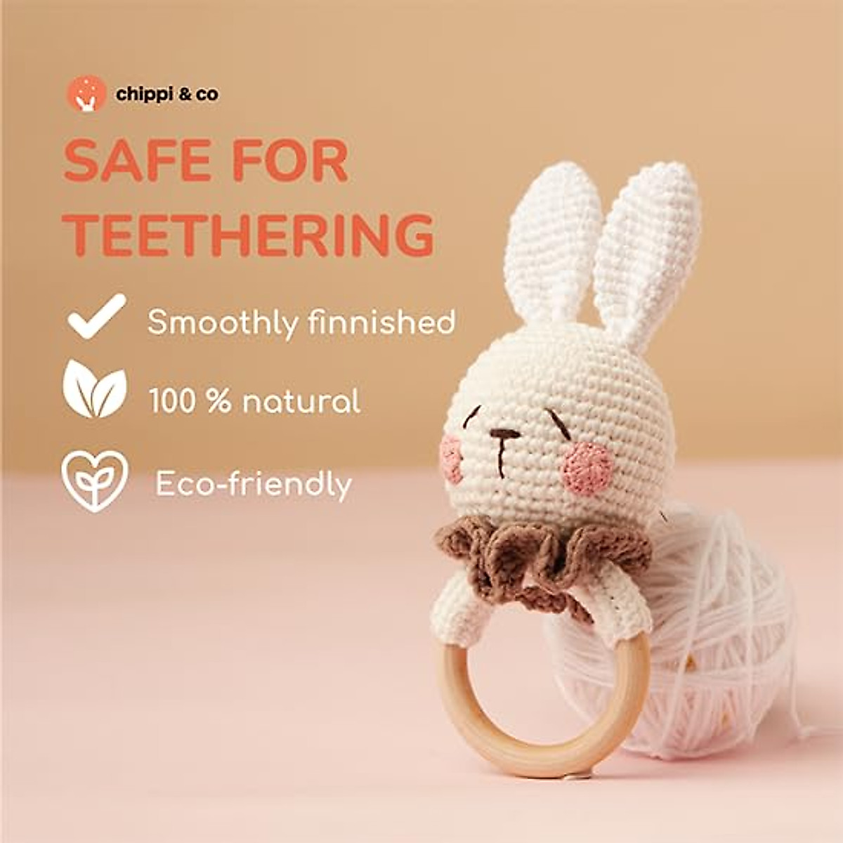 Chippi & Co Wooden Crochet Baby Rattle, Crochet Baby Toys Stuffed Animals Easter Gifts for Kids, Wooden Newborn Toys, Easter Basket Stuffers, Basket Filler, Bunny Decor (Ruffles The Sleepyhead Bunny)
