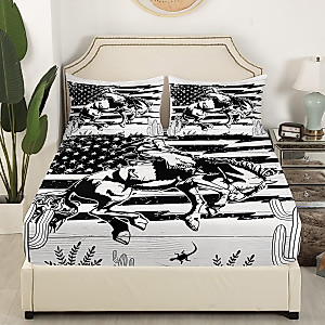 Cowboy Bedding Set Twin Size American Flag Bed Set for Girls Teens Bedroom Decor Kids Horses Pattern Fitted Sheet Soft Microfiber Black White Bed Cover(1 Fitted Sheet+1 Pillow Case)
