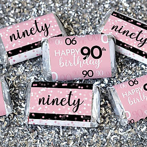 DISTINCTIVS Pink, Black, and White 90th Birthday Party Mini Candy Bar Wrappers - 45 Count, 90th Birthday Decorations for Women