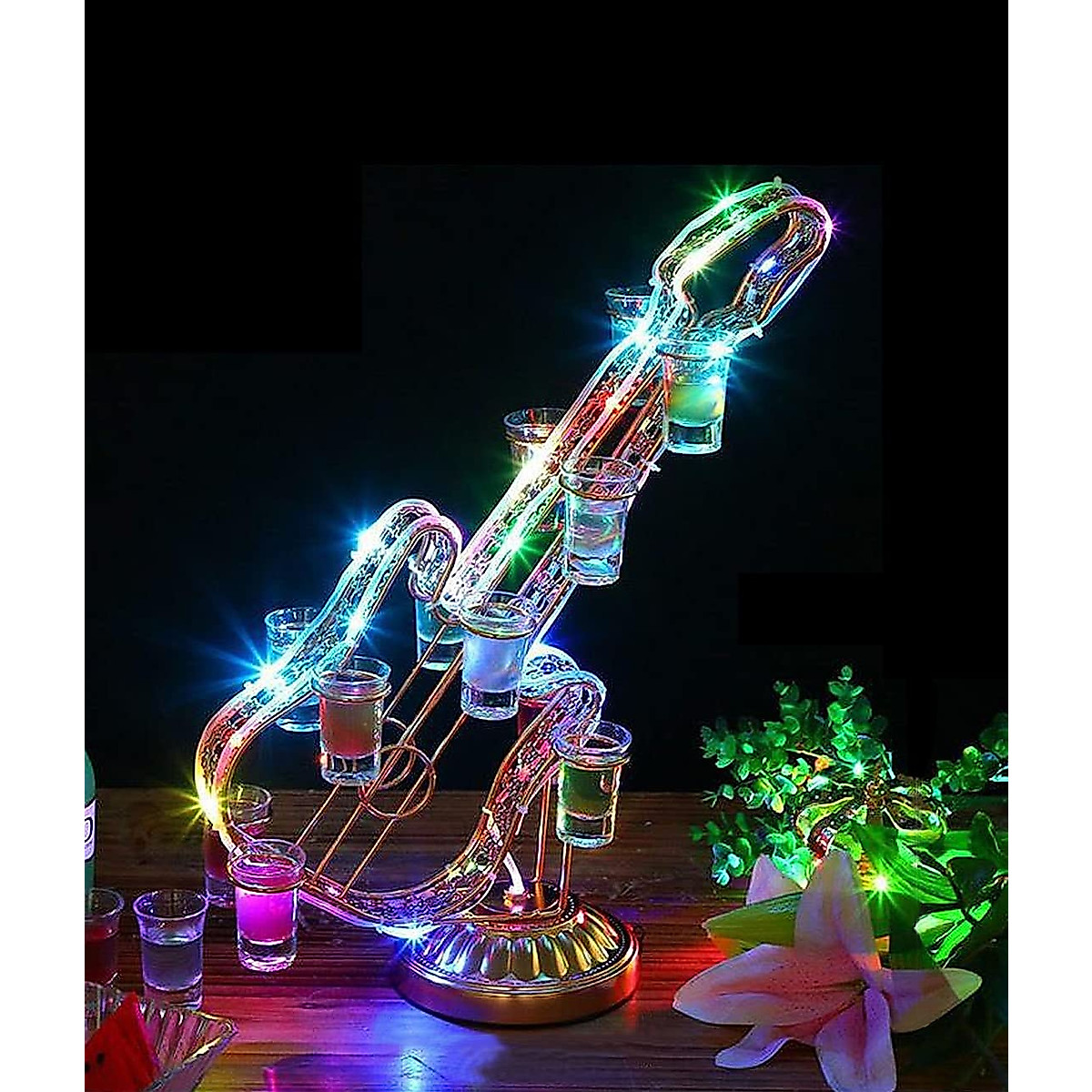 E-Greetshopping LED Champagne Wine Cup Holder,Guitar Shaped LED Lighted Bar Liquor Cocktail Shelve,Wine Glass Holder Display for Wedding Anniversary Graduation Birthday (without Cups)