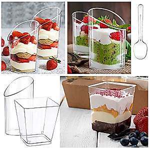 300 Pack Mini Dessert Cups with Spoons Clear Plastic Parfait Appetizer Cup Slanted Round Cup for Desserts Heart Square Clear Parfait Cups for Tasting Party Shooters Desserts (Round, Square, 3oz, 5oz)