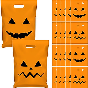 Locmeo 48 Pcs Large Plastic Halloween Pumpkin Gift Bags Bulk 12 x 15'' Halloween Trick or Treat Party Favors Bags with Handle Halloween Jack O Lantern Goodie Treat Bags for Halloween Party Decor