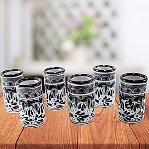 MAREY Mexican Pottery Shot Glasses | Talavera Poblana | Talavera Pottery | Set of 6 Pieces | 100% Handmade | Tequila Cups (Black & White, 2 Oz.)