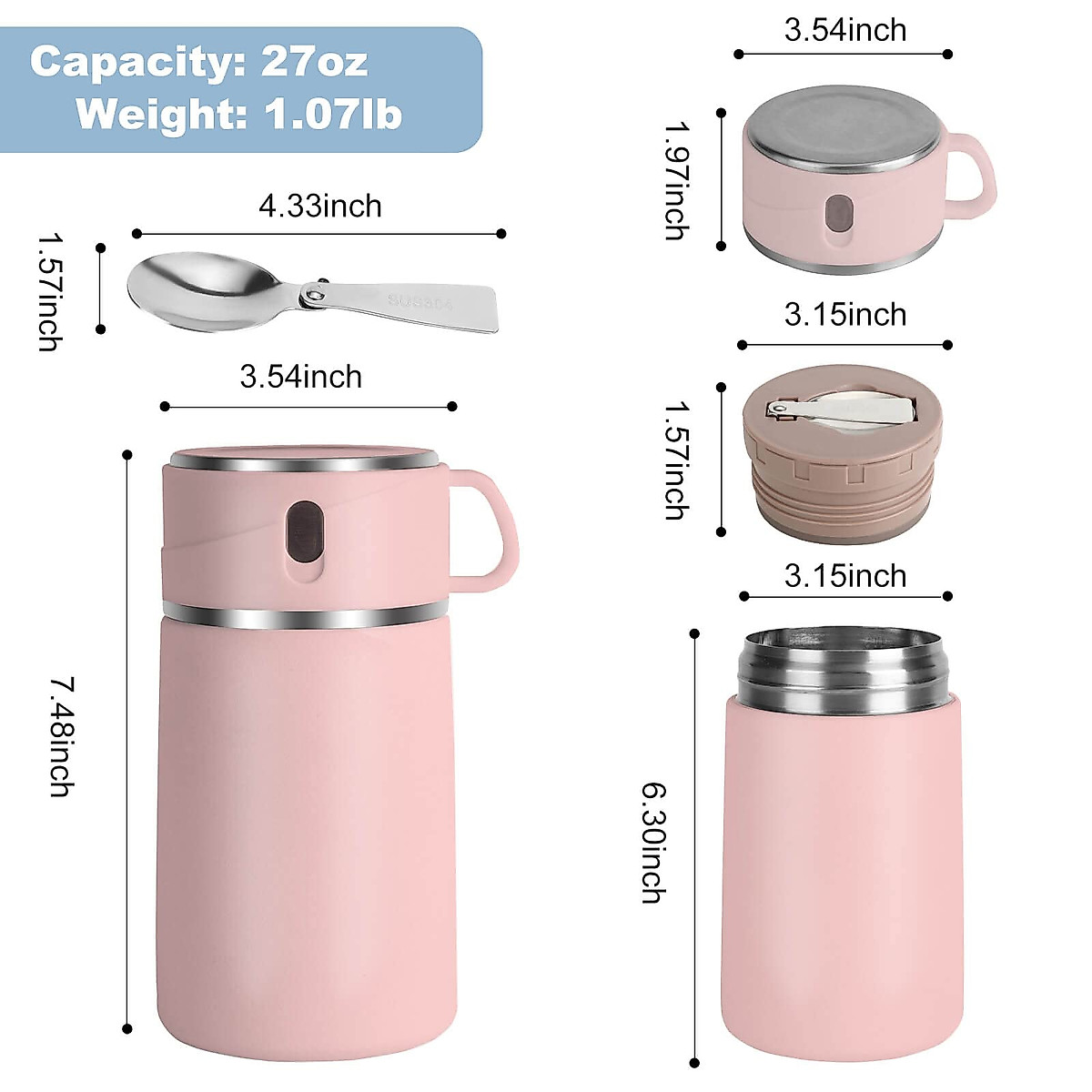 Moffeio Insulated Food Jar, 27oz Soup Thermos Stainless Steel Vacuum Insulated Food Containers for Hot Food with Spoon (Black)