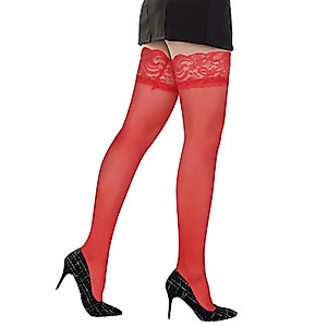 Benefeet Sox Womens Red Lace Top Thigh High Stockings with Silicone Non-slip Silky 20 Denier Sexy Nylon Lingerie Mesh Sheer Silk Stay Up Hosiery