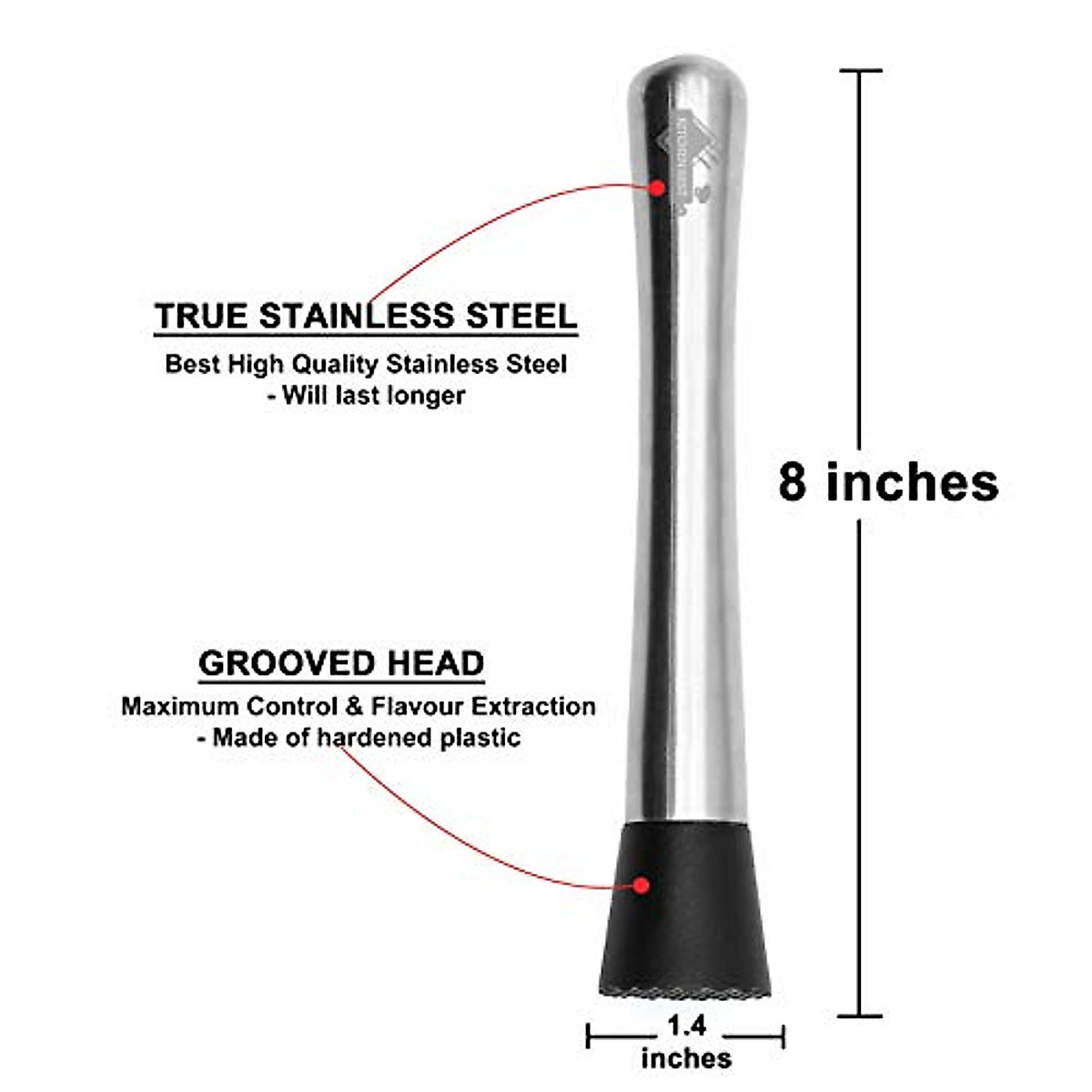 Kitchen Rest Muddler for Cocktails - 8inch Long 1pc Stainless Steel Fruit Crusher - Bar Tools for Home for Making Mojito Mix and Other Fruit Drinks