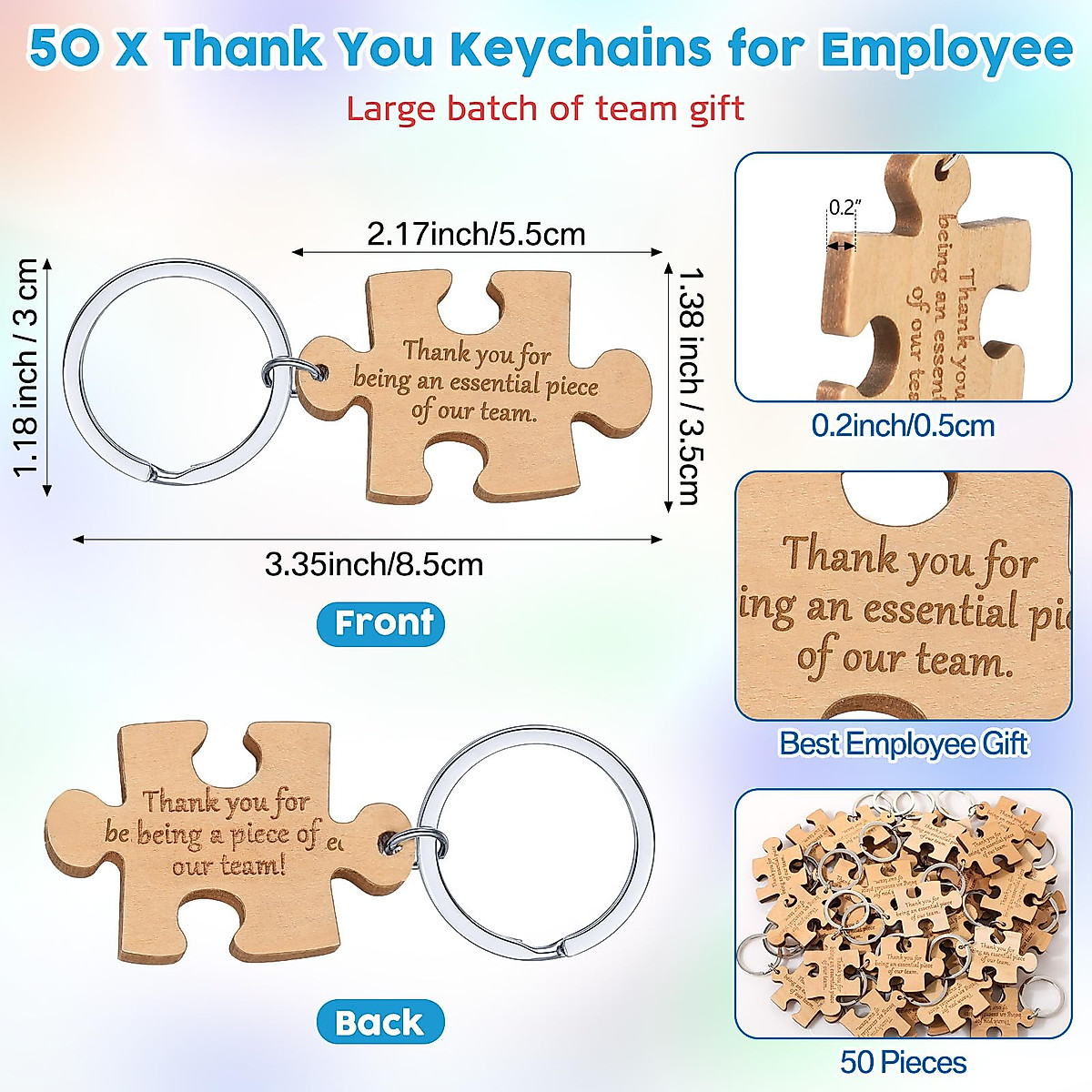 Resurhang Employee Appreciation Gifts Wooden Puzzle Keychain Staff Greeting Cards Thank You Team Building Gifts for Coworkers(50 Set)