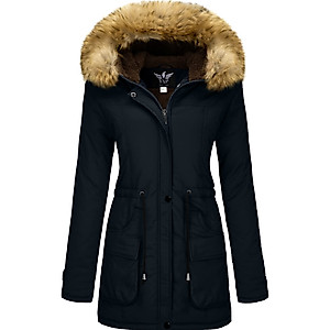 YXP Women's Winter Thicken Military Parka Jacket Warm Fleece Cotton Coat with Fur Hood (Navy,L)