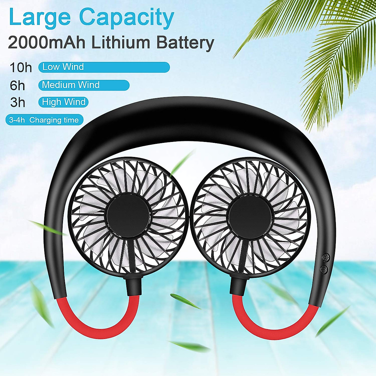 Hand Free USB Personal Fan Rechargeable Mini LED Neck Fan Headphone Design Sports Fan Heads Rotatable Neckband Fan, 2000mAh, 3 speeds, Quiet, Portable for Office Reading Travel Camping (Black)