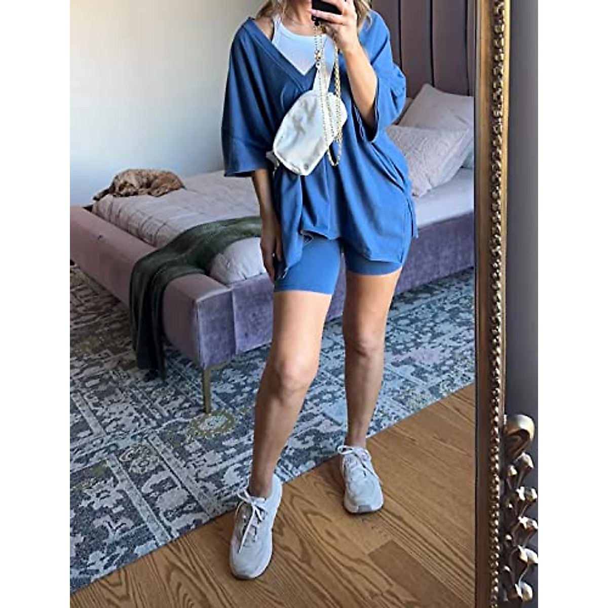 Ailoqing 2 Piece Outfits for Women Summer Oversized V Neck T Shirt Biker Short Sets Hot Shot Reversible Set(Blue-M)