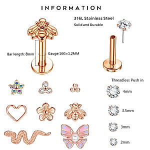FIBO STEEL 16G Surgical Steel Forward Labret Helix Earrings for Women Threadless Push in Lip Rings Tragus Medusa Conch Monroe Piercing Jewelry Rose Gold-tone