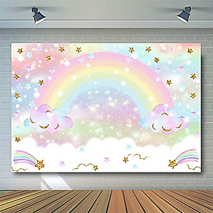Avezano Rainbow Backdrop for Girls Birthday Party 7x5ft Glitter Star Rainbow Sky Cloud Photography Background Pastel Rainbow Party Decorations Photoshoot Backdrops