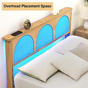 GAOMON Queen Bed Frame with Natural Rattan Headboard, Queen Size Platform Bed Frame with LED Lights and Rattan Headboard, Wooden Support Legs, No Box Spring Needed, Easy Assembly