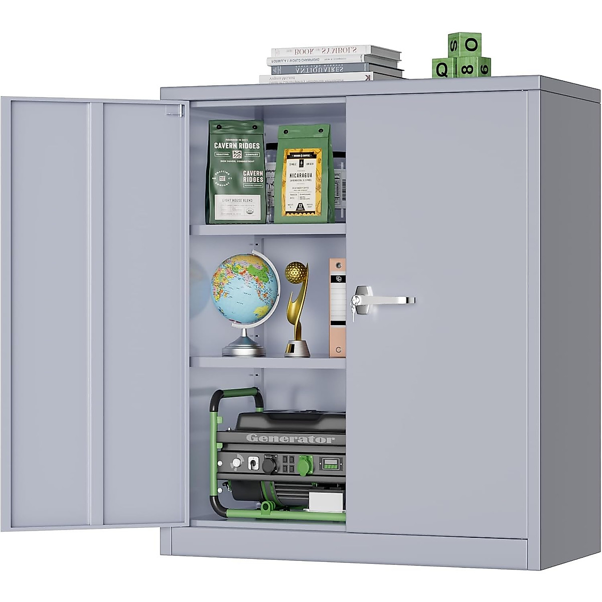 Patiomore 42” Metal Garage Storage Cabinet, Lockable File Cabinets with 2 Doors and 2 Adjustable Shelves, Steel Tool Cabinets with Lock for Office, Home, Gym (Grey)