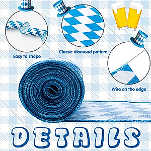 Wehhbtye 20 Yard Oktoberfest Wired Edge Ribbon - 2.5Inch Blue and White Diamond Check Wired Edge Ribbon Oktoberfest Bavarian Gingham Decorative Ribbon for DIY Craft Wrapping Bow Home Party Decor
