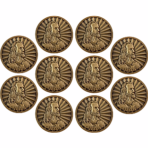Jesus Coin, Bulk Pack of 10, Head of Christ by Warner Sallman Challenge Coin, Easter Handout, KJV Bible Verse Prayer Token, Antique Gold Plated Catholic and Christian Religious Jesus Picture Coin