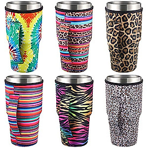 6 Pieces Reusable Coffee Cup Sleeve Neoprene Insulated Sleeves Cup Cover Holders Drinks Sleeve Holder Neoprene Tumbler Sleeves Cold Hot Beverages, 6 Styles (30 oz)