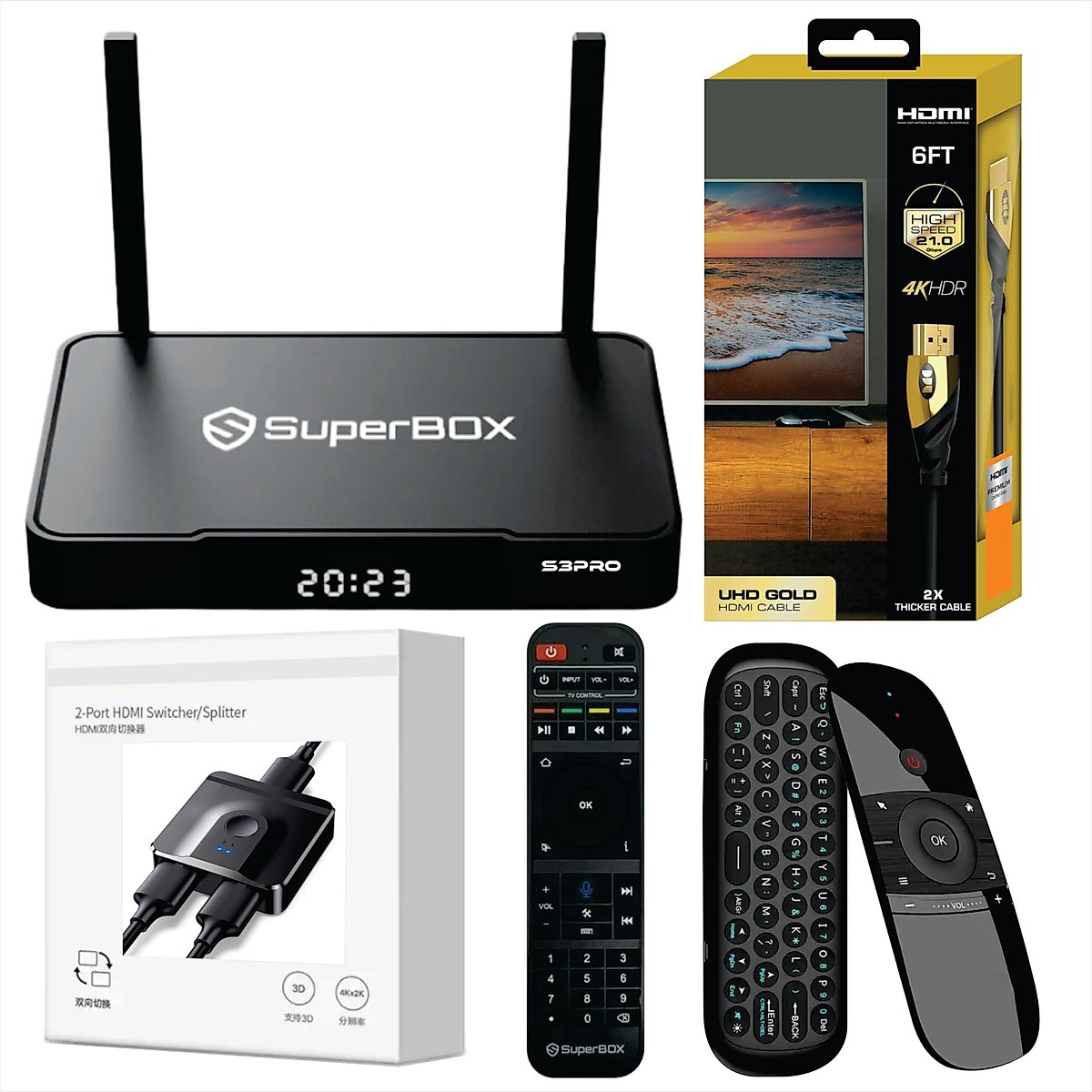 S3 Pro Android Tv Box Power up with Hdmi Gold Plate OLED 4K Extra Air Mouse 2.4GHz Mini Keyboard HDMI Switcher/Splitter 2 Input 1 Output Supports 4K HDR Compatible with PS5, PS4, Xbox, Switch, PC