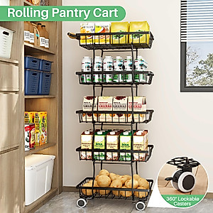 5 Tier Fruit Basket for Kitchen, Stackable Fruit and Vegetable Wire Basket with Wheels for Banana Onions and Potatoes Storage and Organization, Black