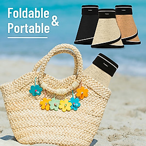 PuTian Sun Visor Hats for Women Wide Brim Ponytail Straw Summer Hat Adjustable Foldable Beach Cap Top Open UPF50+ UV Protection, Khaki