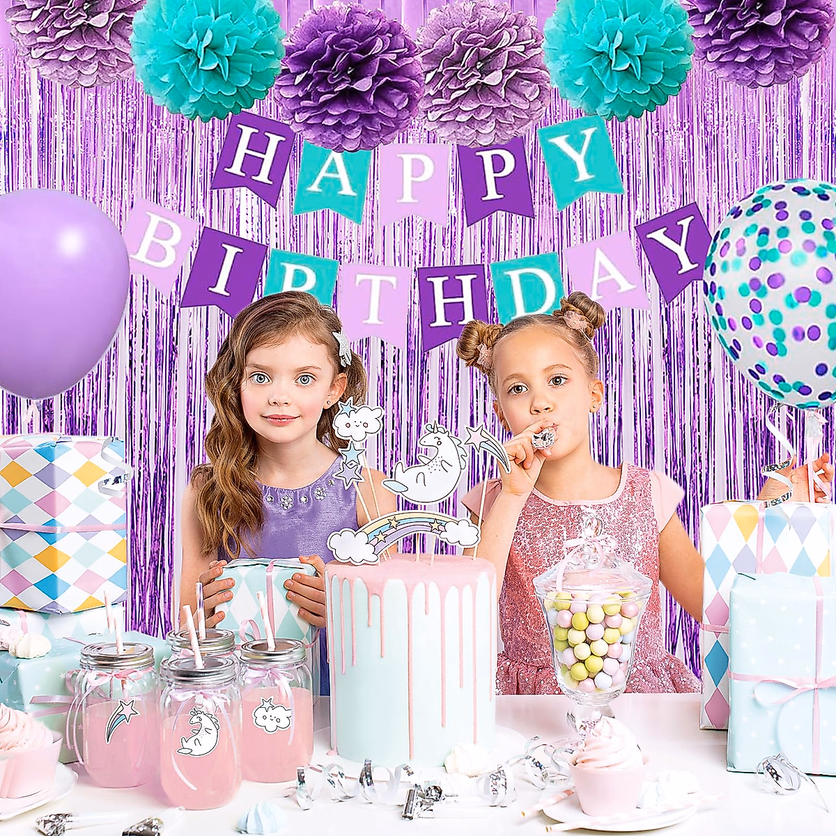 Purple Green Birthday Decorations, Purple Blue Party Balloons with Happy Birthday Banner and Purple Turquoise Fringe Curtain Pompom for Girl Women Birthday Baby Shower Party Decorations