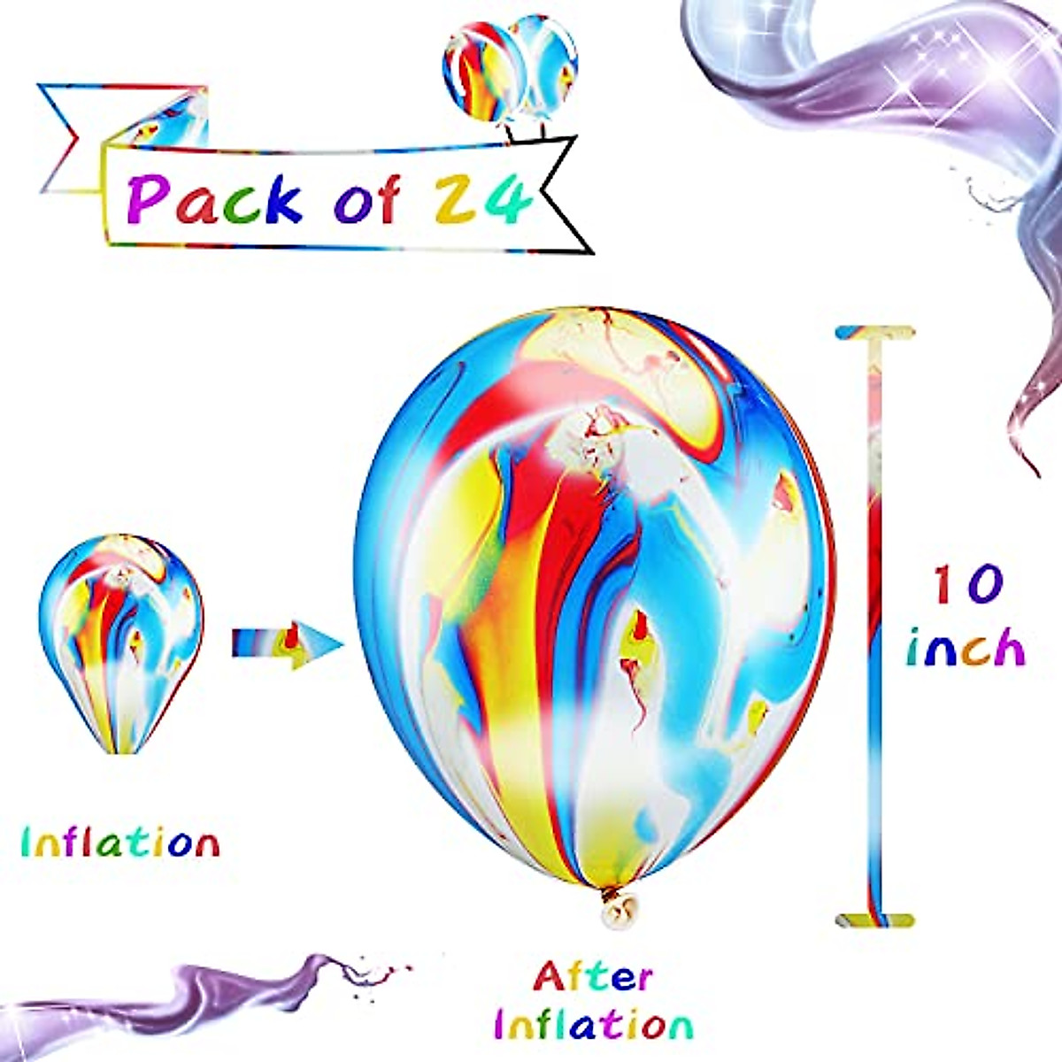 24 Pieces Tie Dye Agate Marble Balloons 10 Inches Tie Dye Swirl Latex Balloons for Theme Party Birthday Party Festival Wedding Baby Shower Decorations (Colorful)
