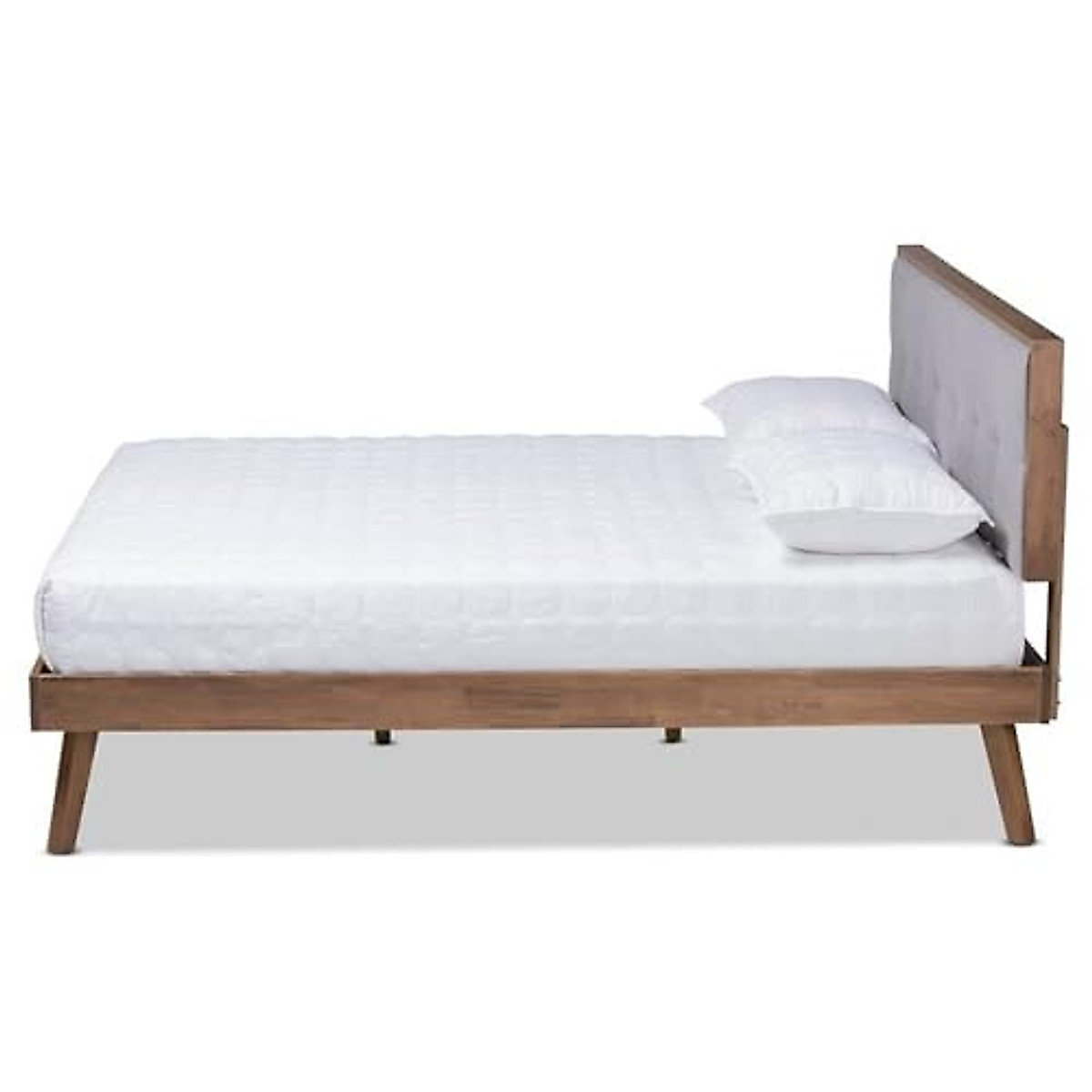 Baxton Studio Alke Mid-Century Modern Light Grey Fabric Upholstered Walnut Brown Finished Wood Full Size Platform Bed