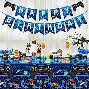 172 Pieces Video Game Party Decoration Set Game Happy Birthday Banner Gamer Party Supplies Plastic Tablecloth Paper Plates Tableware for Boy Girl Player Birthday Party Pack, Serving 24 Guests (Blue)