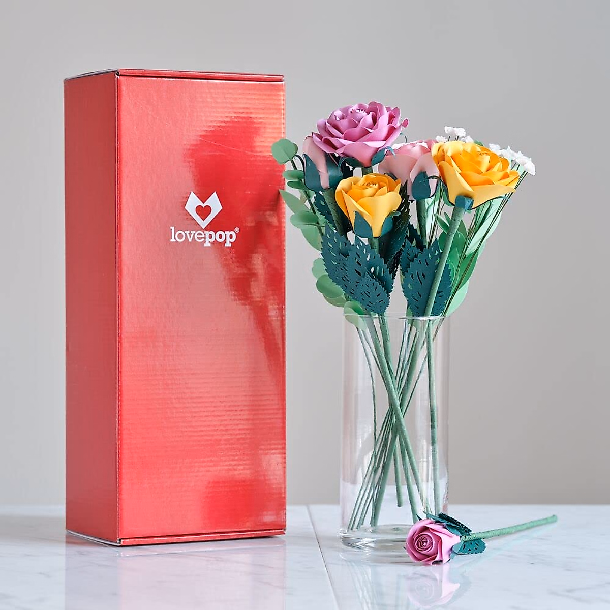 Lovepop Handcrafted Paper Flowers: Pink and Yellow Roses (6 Stems) - Unique 3D Floral Bouquet – Long Lasting Paper Roses for Valentine’s or Mother’s Day