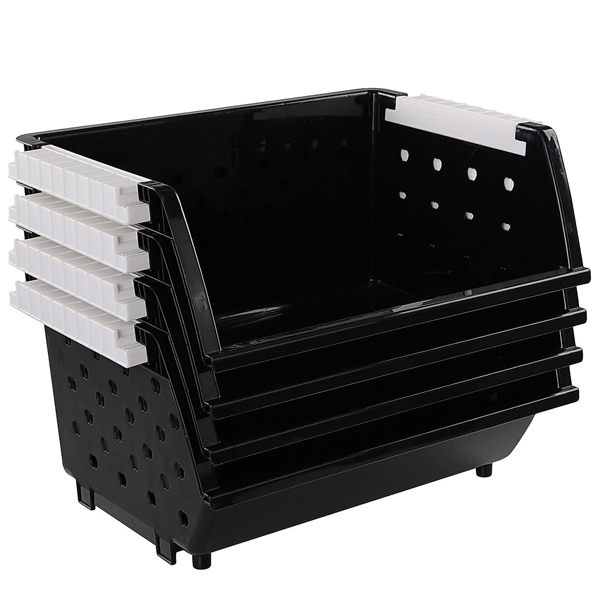 Ewingger 4-Pack Plastic Stacking Storage Basket, Stackable Organizer Baskets Bin, Black