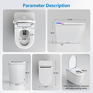 Tankless Smart Toilet with Built-In Bidet, Heated Seat, Warm Water and Dry, Simple Installation, with Foot Sensor and Night Light, Auto Flush, Auto Open & Close Lid, Wireless Remote Control