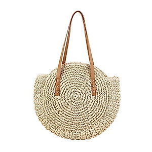 CHIC DIARY Womens Hand-woven Straw Shoulder Bag Large Summer Beach Leather Handles Handbag Tote with Zipper (#02-Beige)