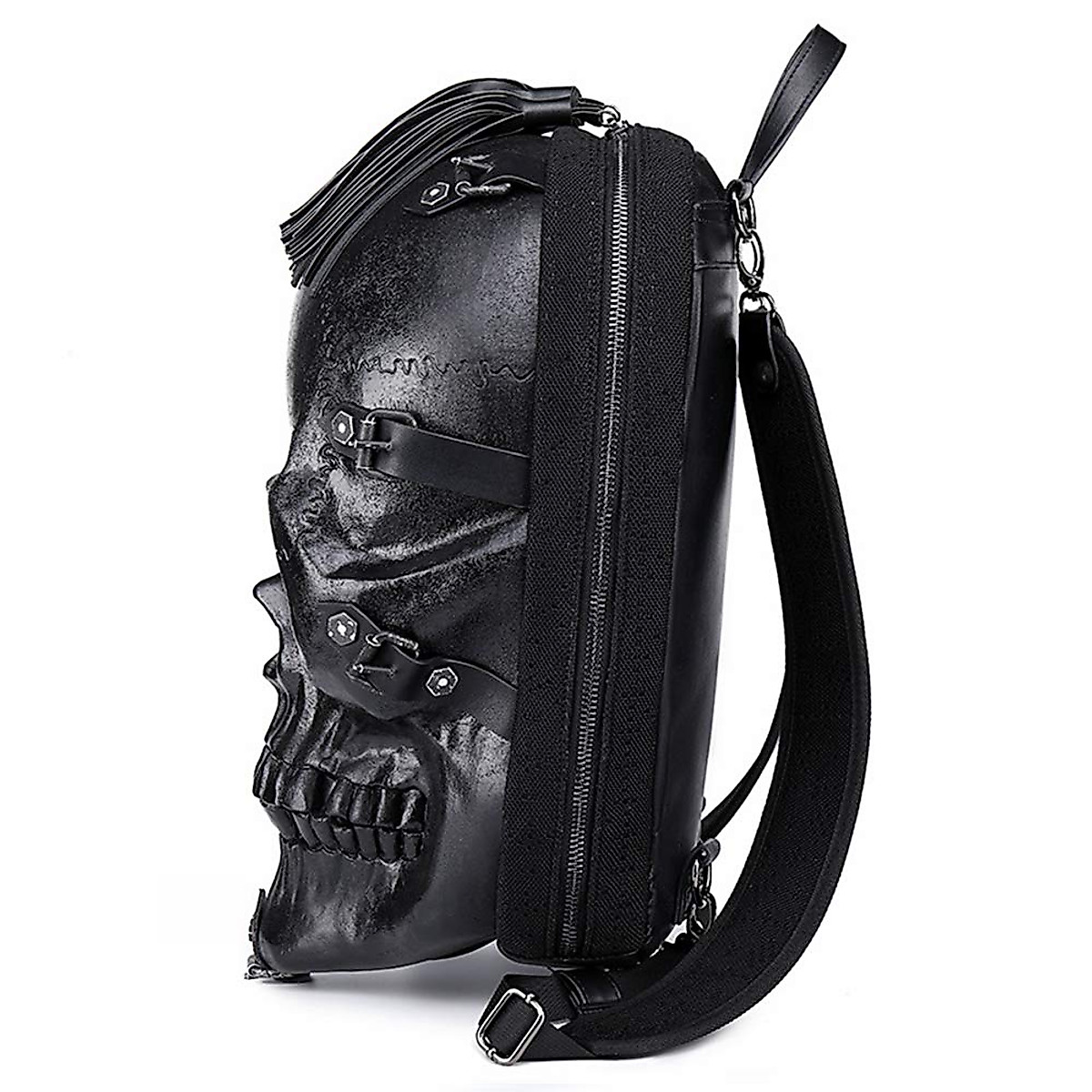 HANXIUCAO 3D Stereo Skull Backpack PU Backpack Waterproof Silicone Embossed Ghost Head Knapsack, Black, Medium