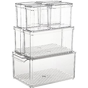Set Of 7 Clear Fridge Organizer Stackable Refrigerator Organizer Bins with Lids,Pantry Organization and Storage,Apply to Fridge,Fresh Keeper Bin,with Vented Lids & Removable Drain Tray