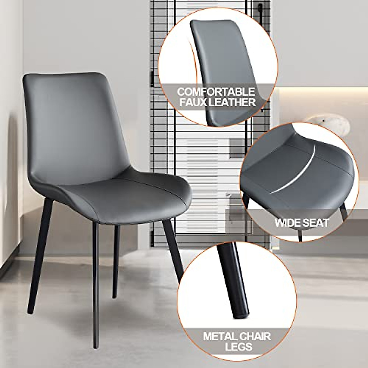 seonyou Dining Chairs Set of 4 Dark Grey Faux Leather for Kitchen Dining Room, Comfortable Mid Century Modern Chair with Metal Leg, Upholstered Big Side Chair for Living Room, Farmhouse