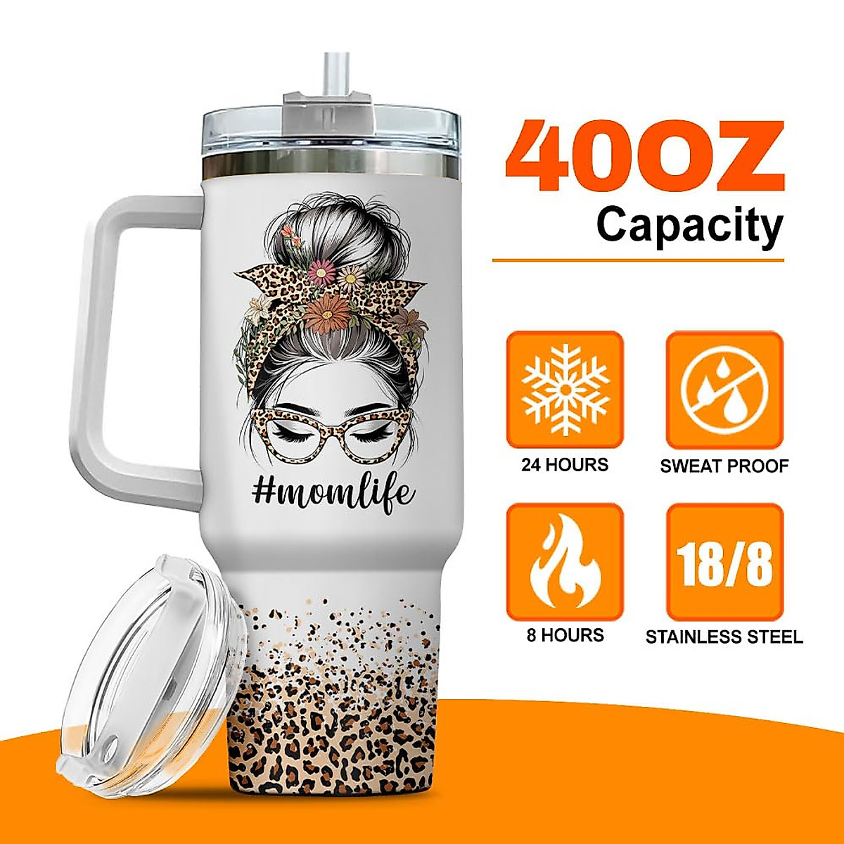 99WHALE Mom Bruh Messy Bun Leopard, Tumbler 40 Oz With Handle Lid And Straw, Mom Gifts, Mommy Straws Cup Mothers Life To Women Momma Funny Be For Handle Daisy Insulated Modern Coffee