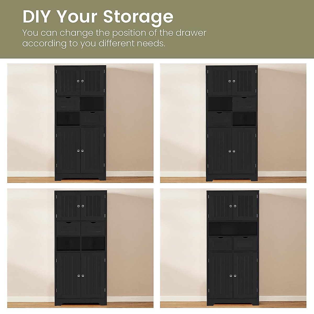 Iwell Tall Storage Cabinet with Adjustable Shelf, Bathroom Cabinet with 2 Drawers, Linen Cabinet for Living Room, Black