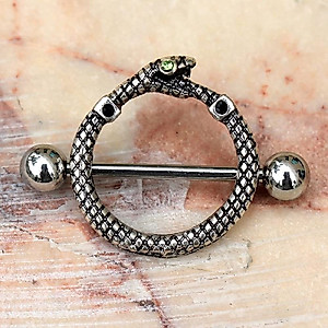 Pierced Owl 14GA 316L Stainless Steel Full Circle Snake Biting Tail Nipple Shields, Sold as a Pair