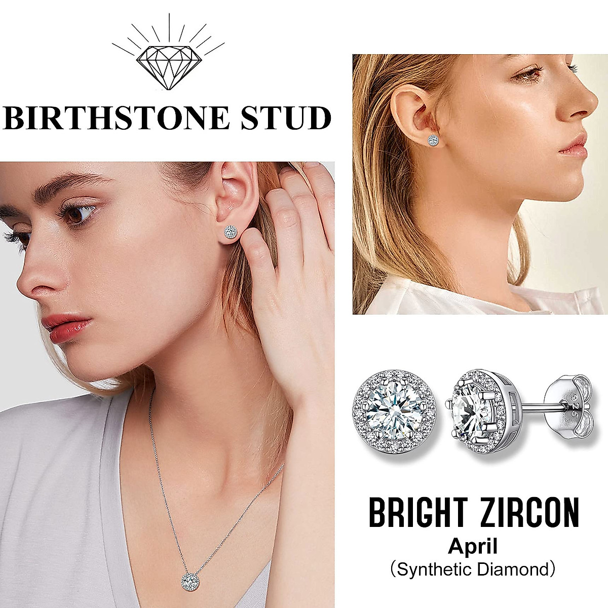 Bestyle 925 Sterling Silver Round Cut Birthstone Stud Earrings for Women, April White Diamond Stud Earrings with Love and Purity, Best Women Earrings for Everyday Wear