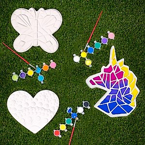 Creative Roots Mosaic Butterfly, Unicorn, & Heart Stepping Stone, Includes 3-Pack 7-Inch Ceramic DIY Stepping Stone & 6 Vibrant Paints, Paint Your Own Stepping Stone for Kids Ages 8+