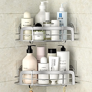 STEUGO Shower Caddy Corner, Bathroom Corner Shower Shelfs, Adhesive Wall Mounted Shower Caddy with 4 Movable Hooks, SUS304 Stainless Steel Bath Storage Shower Organizers, 2 Pack