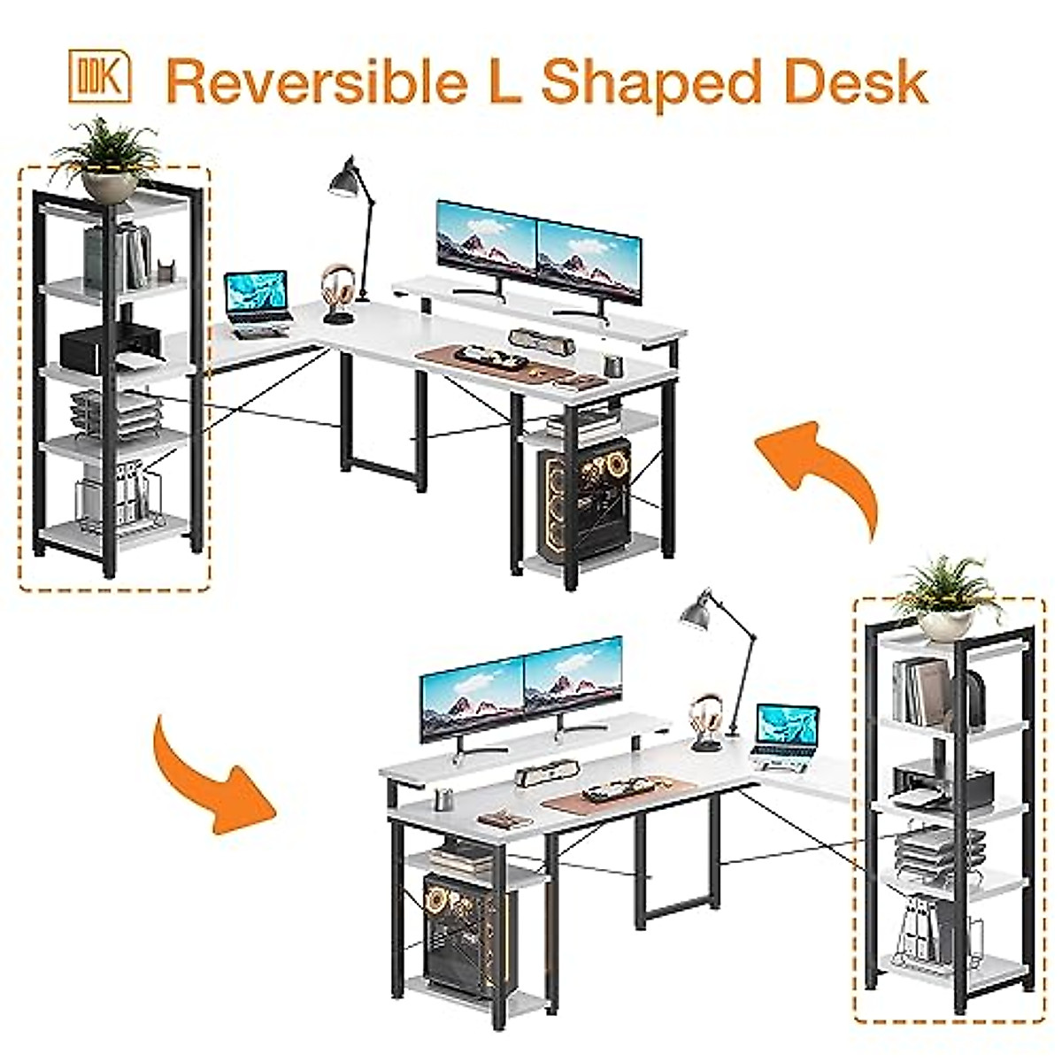 ODK L Shaped Desk with Monitor Stand, 54 Inch Home Office Desks with Storage Printer Shelves, Reversible Corner Gaming Desk with Bookshelf for Bedroom, White