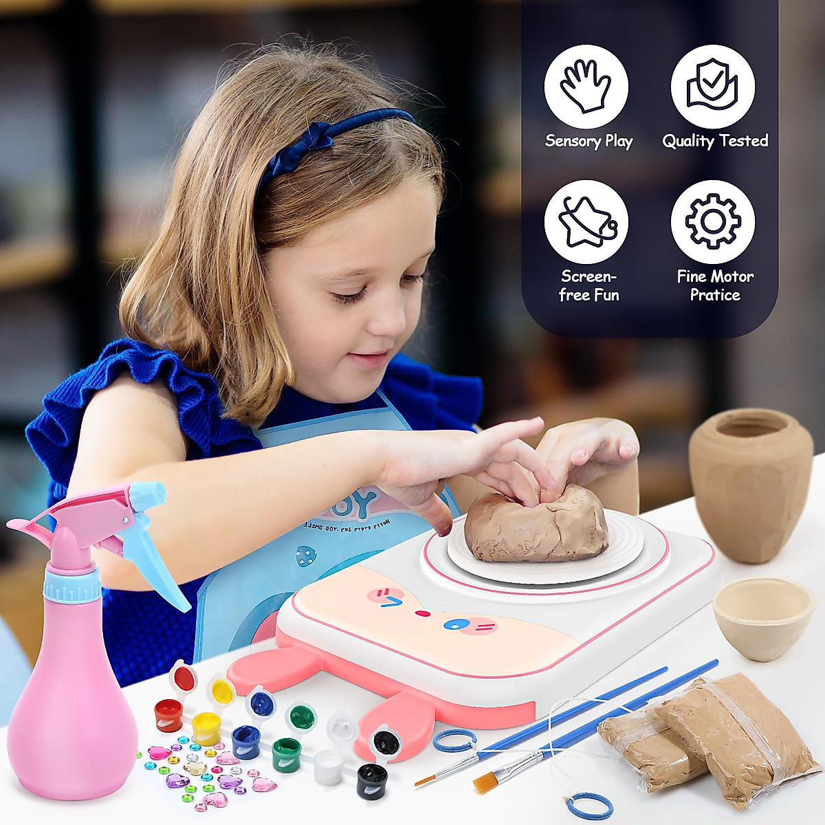 Skirfy Pottery Wheel for Kids-Clay Sculpting Tools & Painting Kit,Birthday Gift Girls Toys 8-10,DIY Kits Clay Maker for Beginners with 6 Packs Modeling Clays, Art&Crafts Kits for Kids Ages 9-12