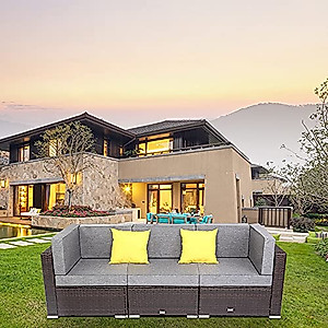 SAWQF Outdoor Patio Furniture 3 Pcs Set Include 2 Corner Sofa 1 Armless Sofa PE Wicker Rattan with 2 Pillow