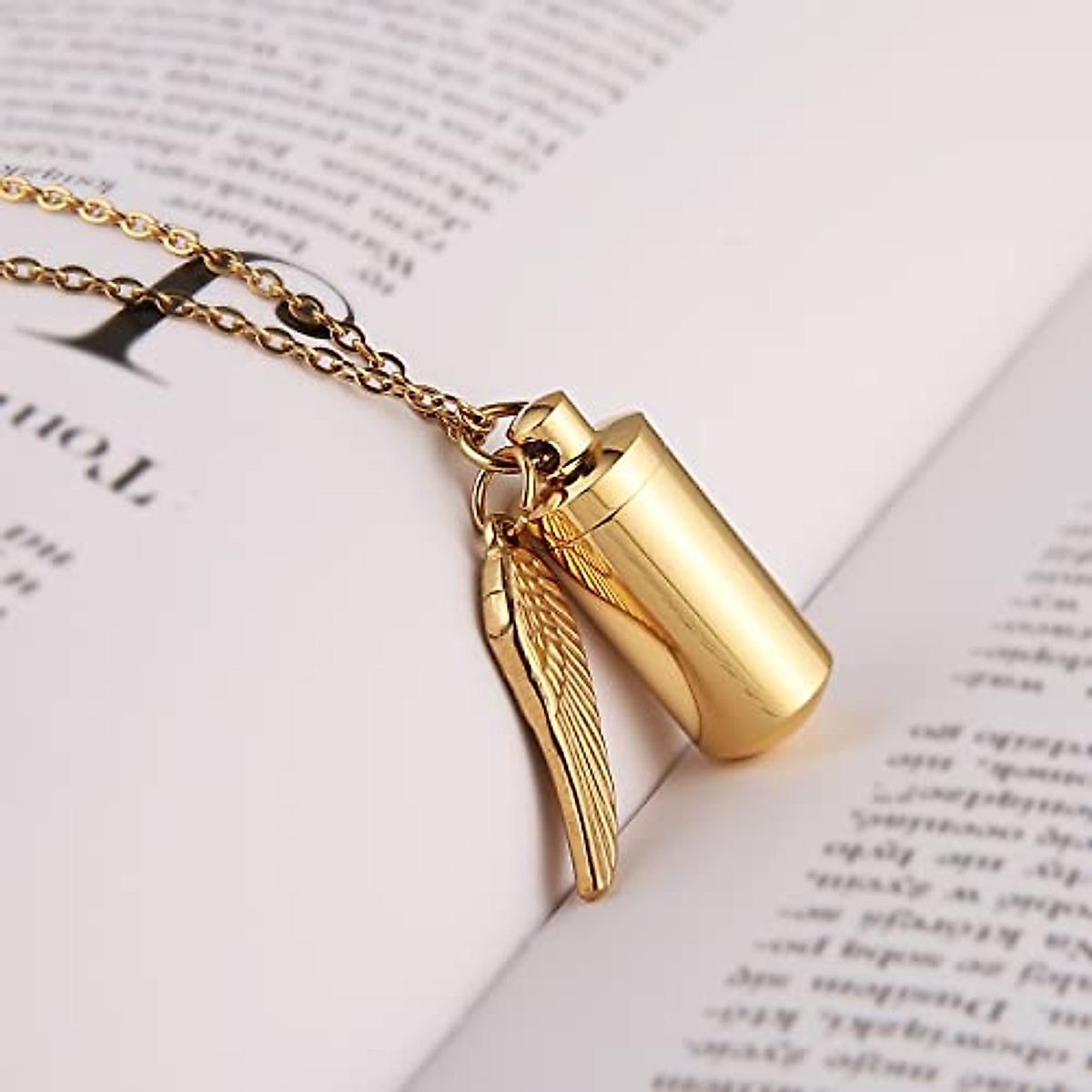STWTR Stainless Steel Cylindrical Souvenir Capsule Pill Pendant Necklace, Cremated Ashes Pill Container Necklace (Gold-A)