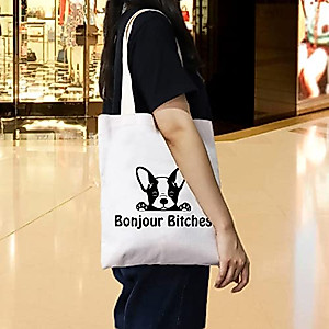 JNIAP French Bulldog Tote Bag French Bulldog Lover Gift Bonjour Bitches Shoulder Handbag French Bulldog Owner Grocery Bag (French Bulldog Tote Bag)