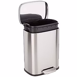 Amazon Basics Smudge Resistant Small Rectangular Trash Can With Soft-Close Foot Pedal, for Bathroom/ Living room, Brushed Stainless Steel,12 Liter/3.1 Gal, Satin Nickel Finish,11.3"L x 9.9"W x 15.1"H